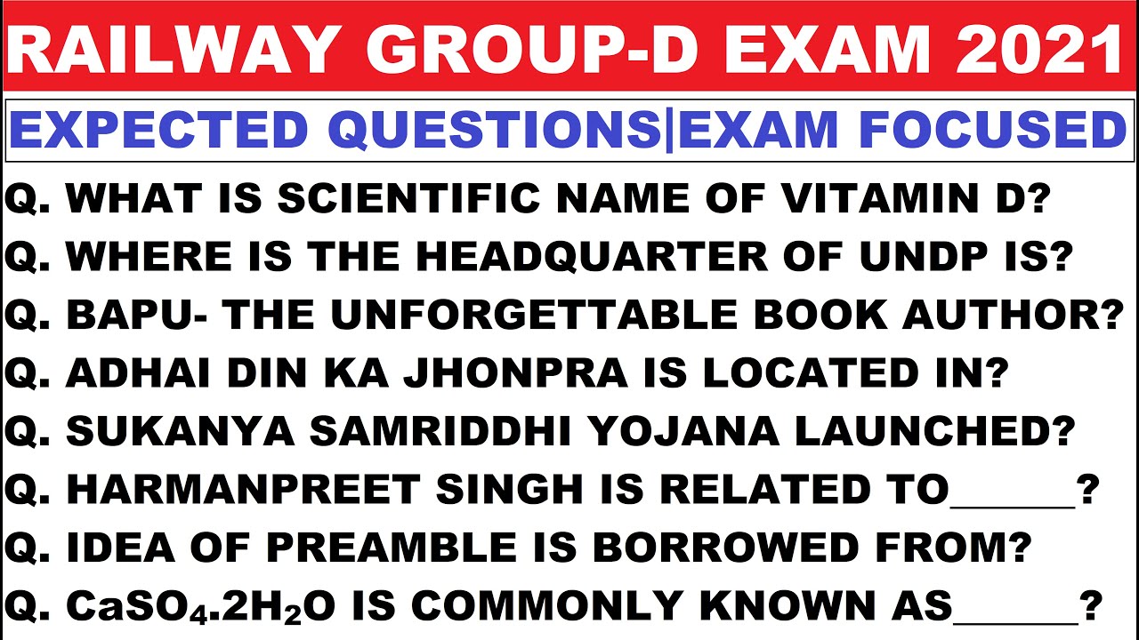 Railway Group-D Exam 2021 | Railway Group-D GS GK Important Questions ...