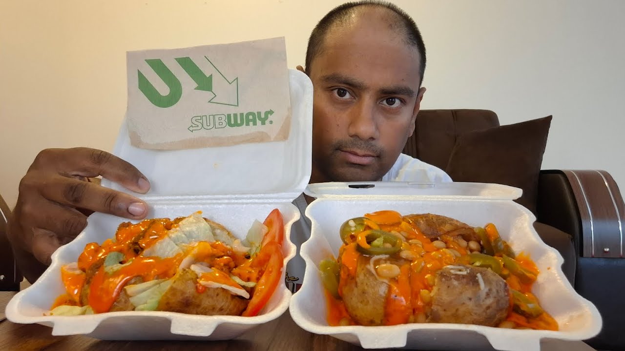 Loaded jacket potatoes from Subway uk mukbang - YouTube