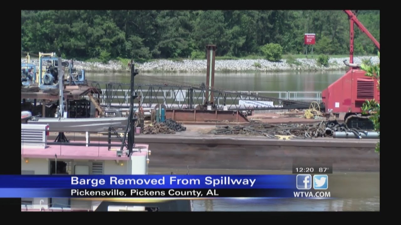 Barge removed from Tom Bevill spillway near Aliceville, Alabama - YouTube