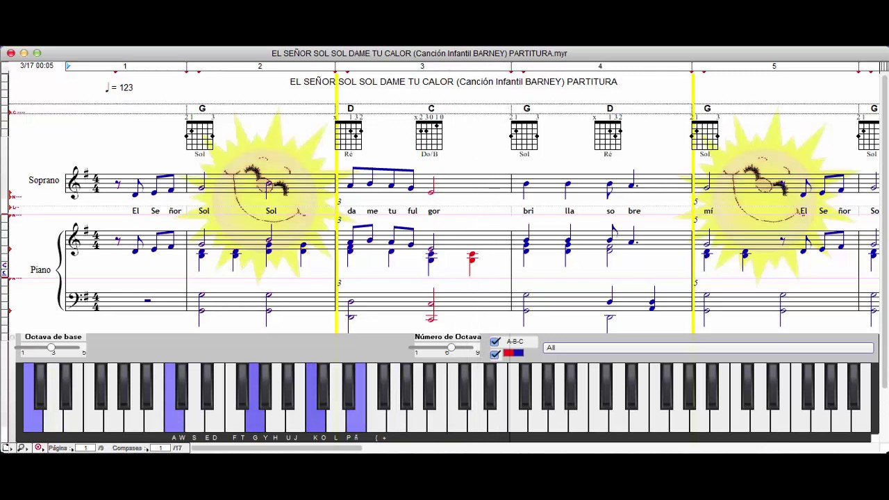 EL SEÑOR SOL SOL DAME TU CALOR (Canción Infantil BARNEY) PARTITURA ...