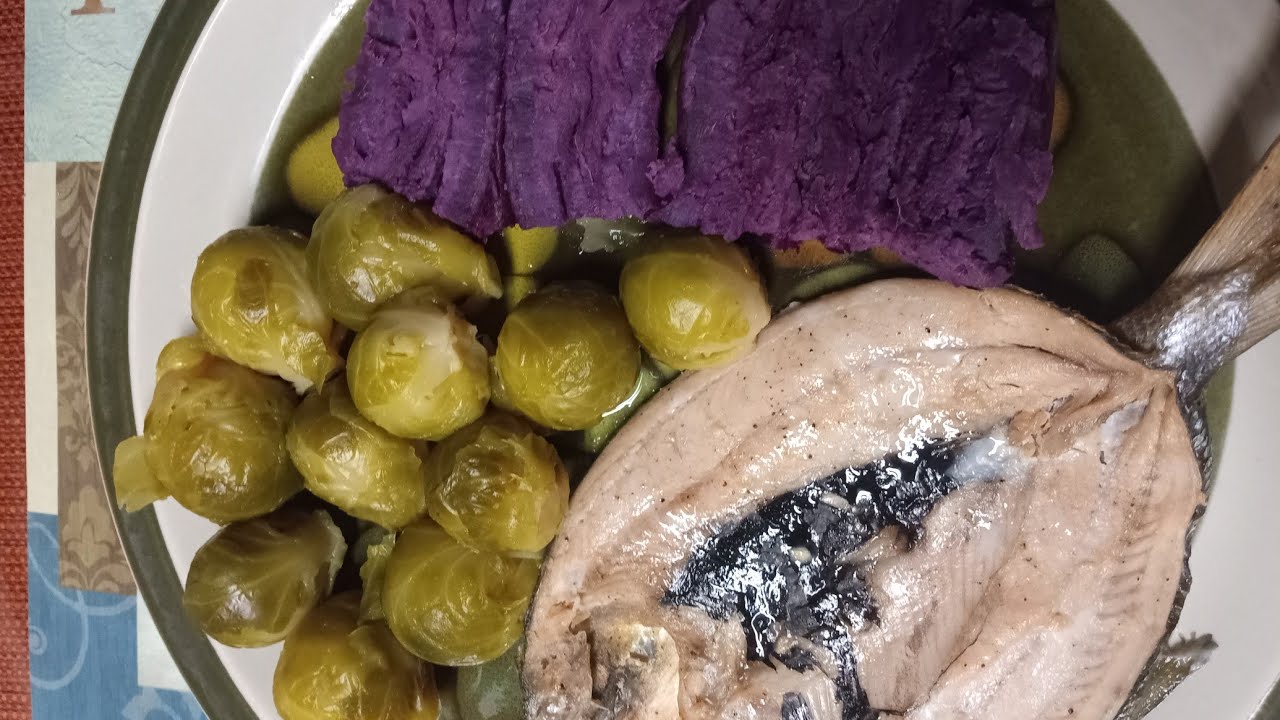 Baked Marinated Baby Milk Fish with Sweet Potatoes and Brussels Sprouts ...