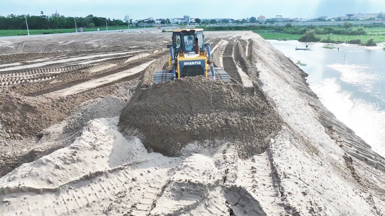 Exciting Project! Sand Filling Up Lake Bulldozer Pushing Clearing Sand ...