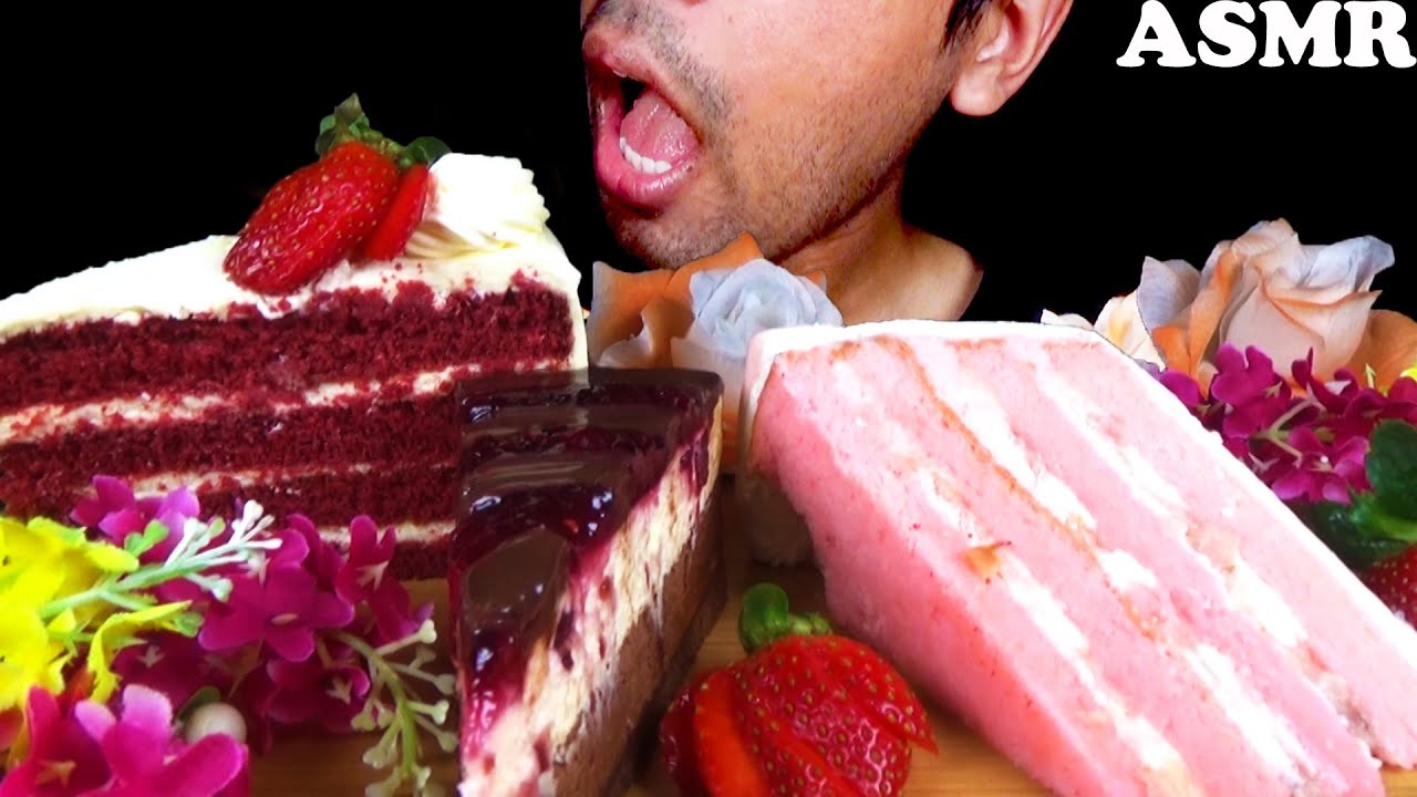 ASMR RED VELVET CAKE, CHOCOLATE CHEESE CAKE, ROSE LYCHEE CAKE (No ...