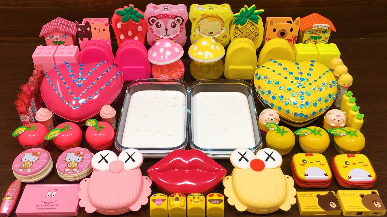 PINK vs YELLOW ! Mixing Random Things into GLOSSY Slime! Satisfying ...