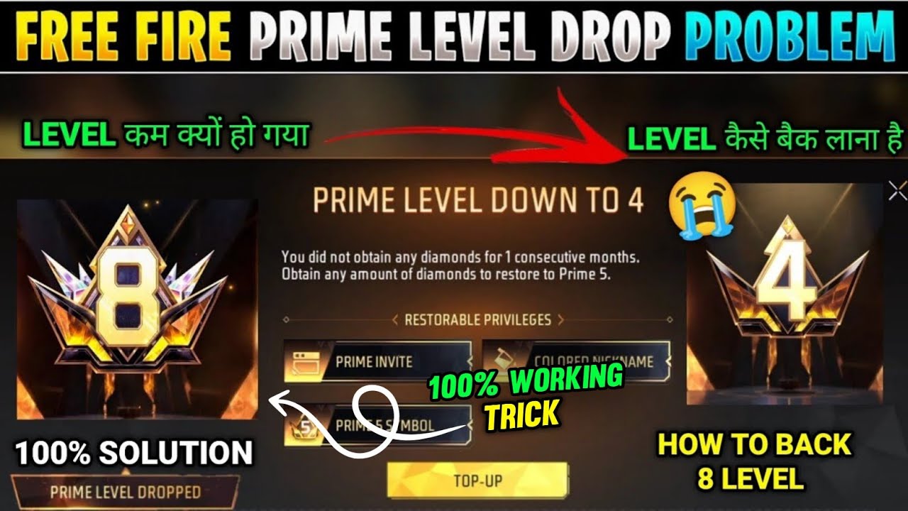PRIME LEVEL DROP PROBLEM IN FREE FIRE |PRIME LEVEL DOWN 8 TO 1 |HOW TO ...