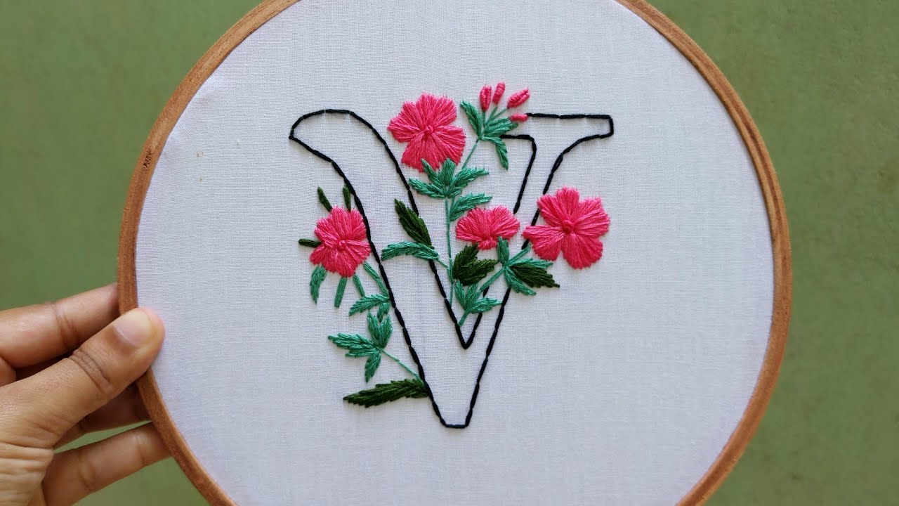 Floral Monogram letter V Embroidery / How to embroider letter V ...
