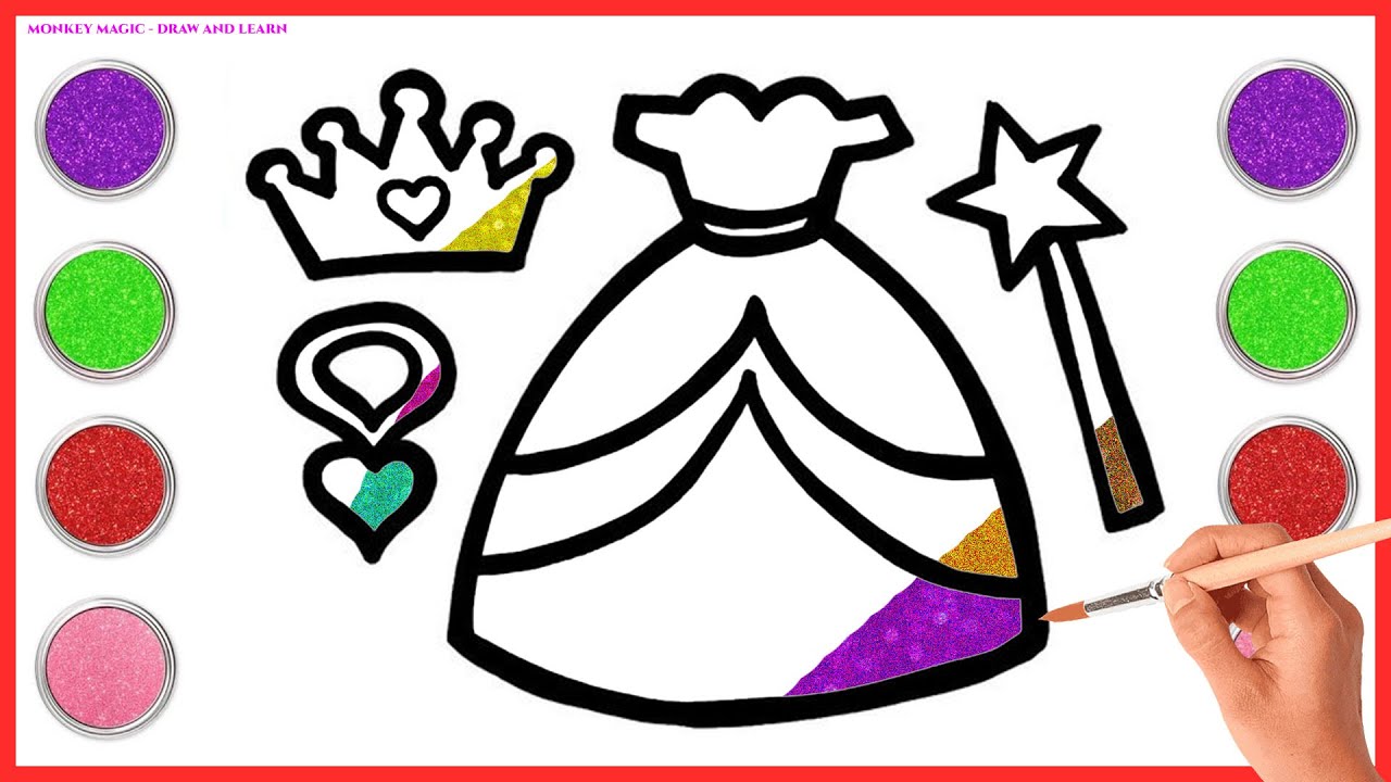Dress, Crown, Locket, Magic Stick Drawing Coloring Painting For kids ...