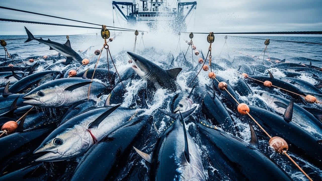 Massive Bluefin Tuna School on Longline — When Sharks Attack the Haul ...