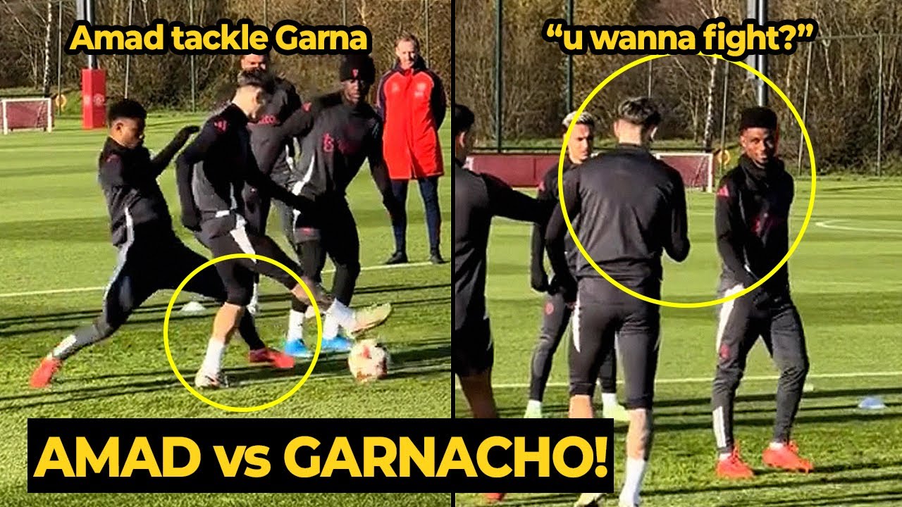 Amad Diallo winds up Garnacho during training before Viktoria Plzeň ...