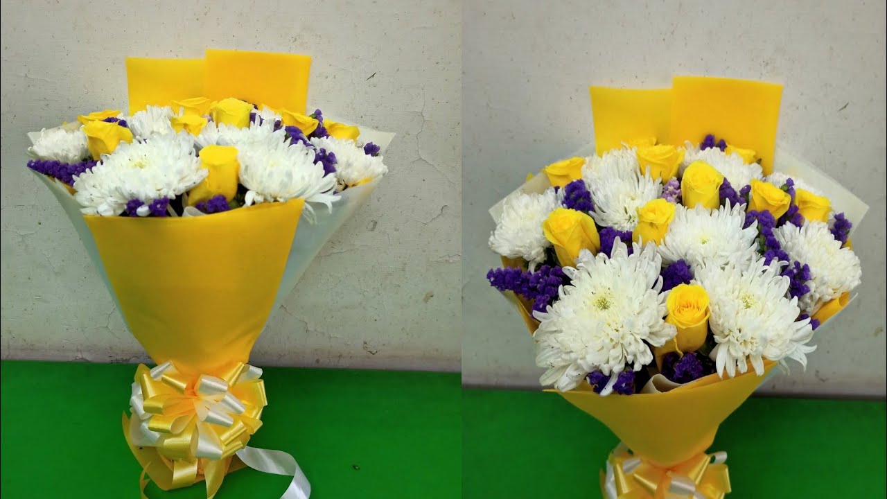 Yellow Roses And With Crysantimum Flower Bouquet Making / How to Make a ...