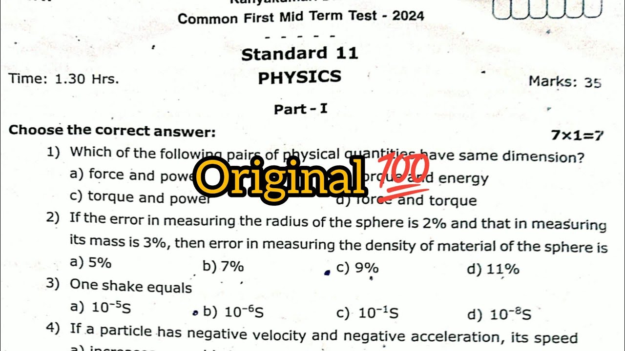 11th physics first midterm exam original question paper 2024 - YouTube