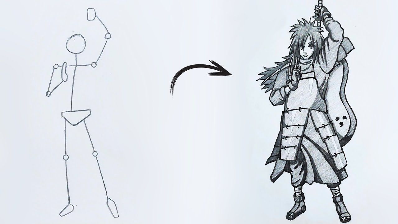 How to draw Madara Uchiha full body out of stick man | NARUTO | Anime ...