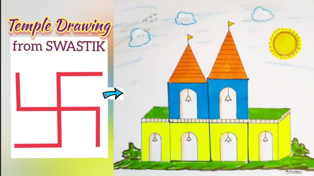 Temple Drawing from Swastik | Very Easy Drawing || Step by step Process ...