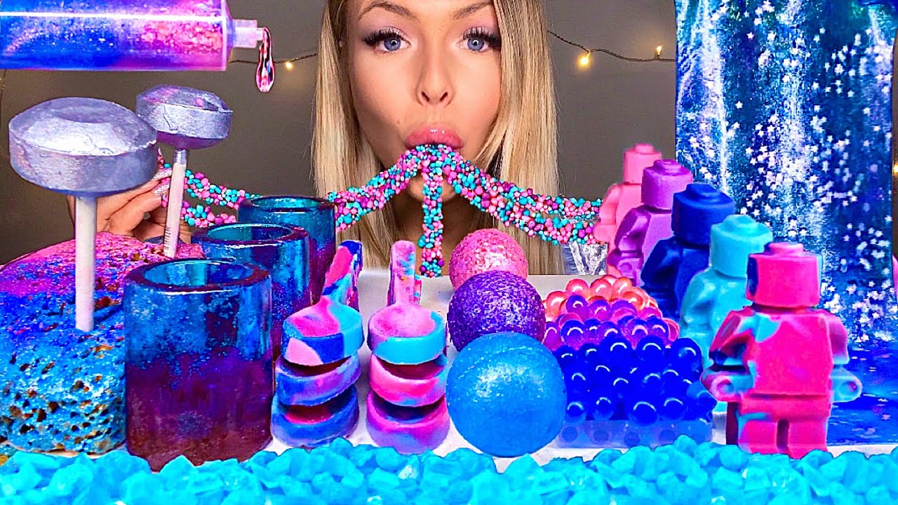 ASMR *GALAXY FOOD* EDIBLE LEGO MAN, EARTH JELLY, SPOON, SHOT GLASSES ...