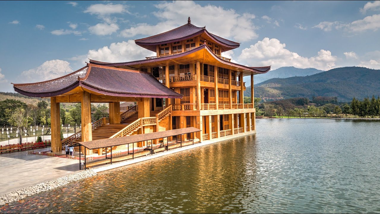 Aerial view over Japanese Temple in Hinoki Land 4k - YouTube