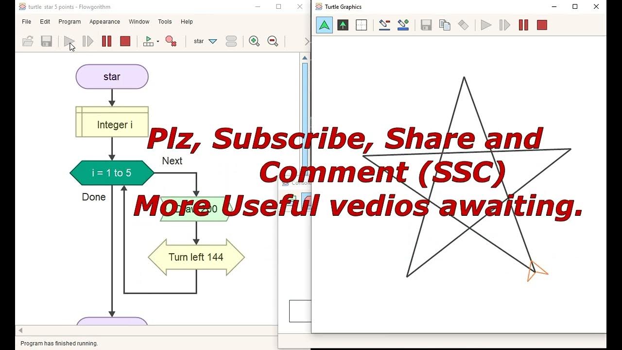 Turtle Graphics 5 point star | turtle graphics square | square in flowgorithm - YouTube