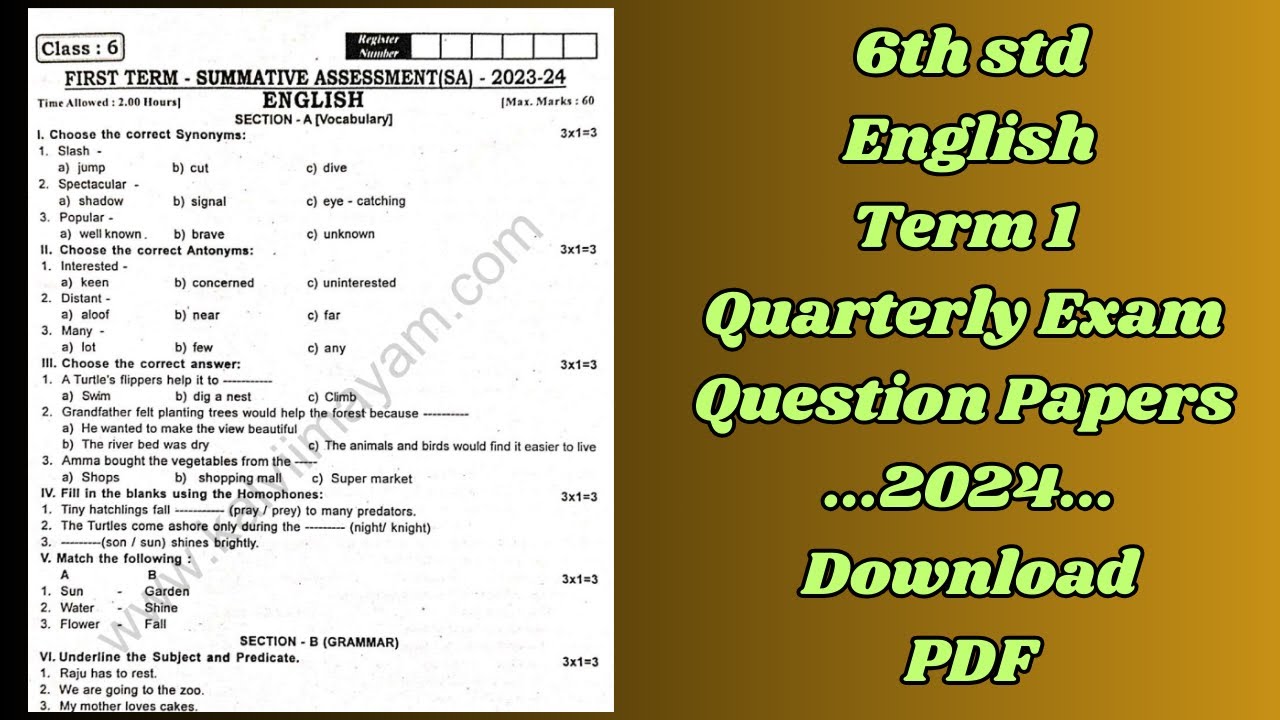 6th English Term 1 Quarterly Question Paper 2024 Download PDF | Toppers ...