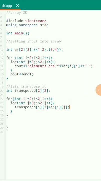 2x2 Matrix transpose using 2D arrays and for loop - YouTube