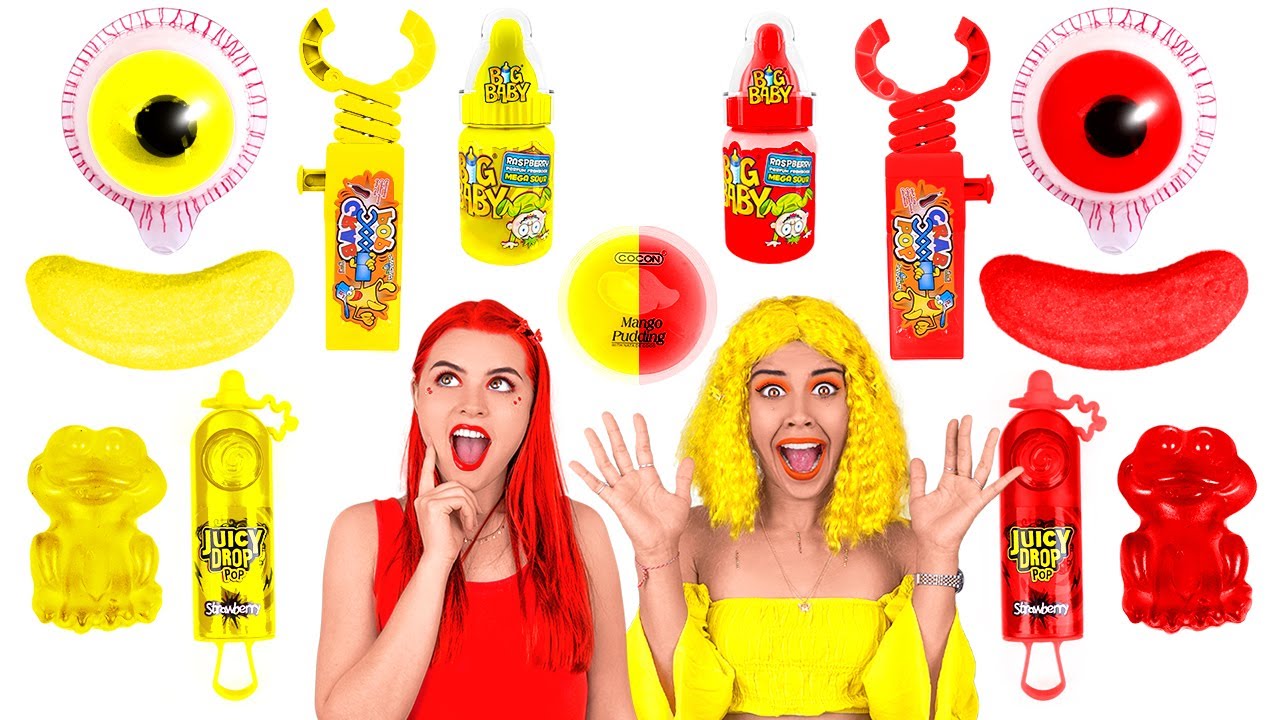 RED VS YELLOW FOOD || Eating And Buying Everything In One Color For 24 ...