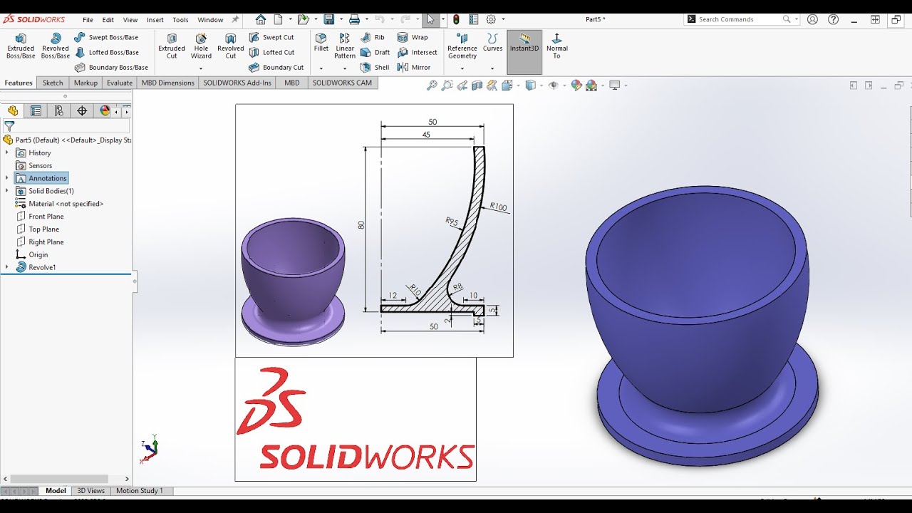 Drawing a Cup in SolidWorks using Revolved Boss feature - YouTube