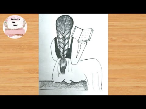 Girl backside drawing /A girl reading book drawing/step by step drawing ...