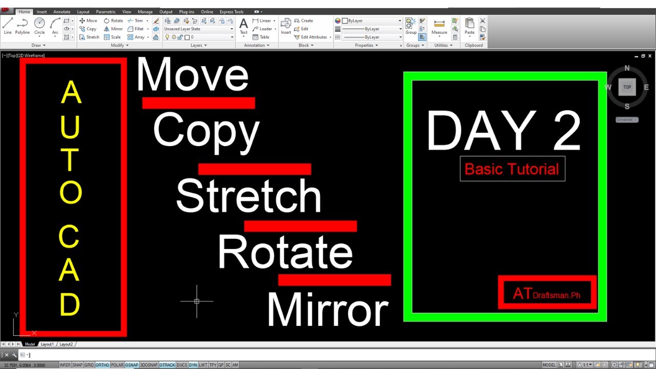 Autocad Basic Tutorial Move Copy Stretch Rotate And Mirror Command Youtube