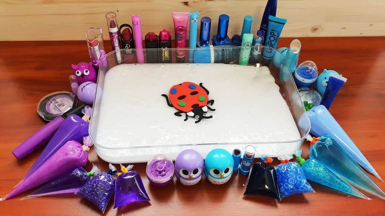 Mixing Makeup into Glossy Slime - Purple VS Blue - Satisfying Slime ...