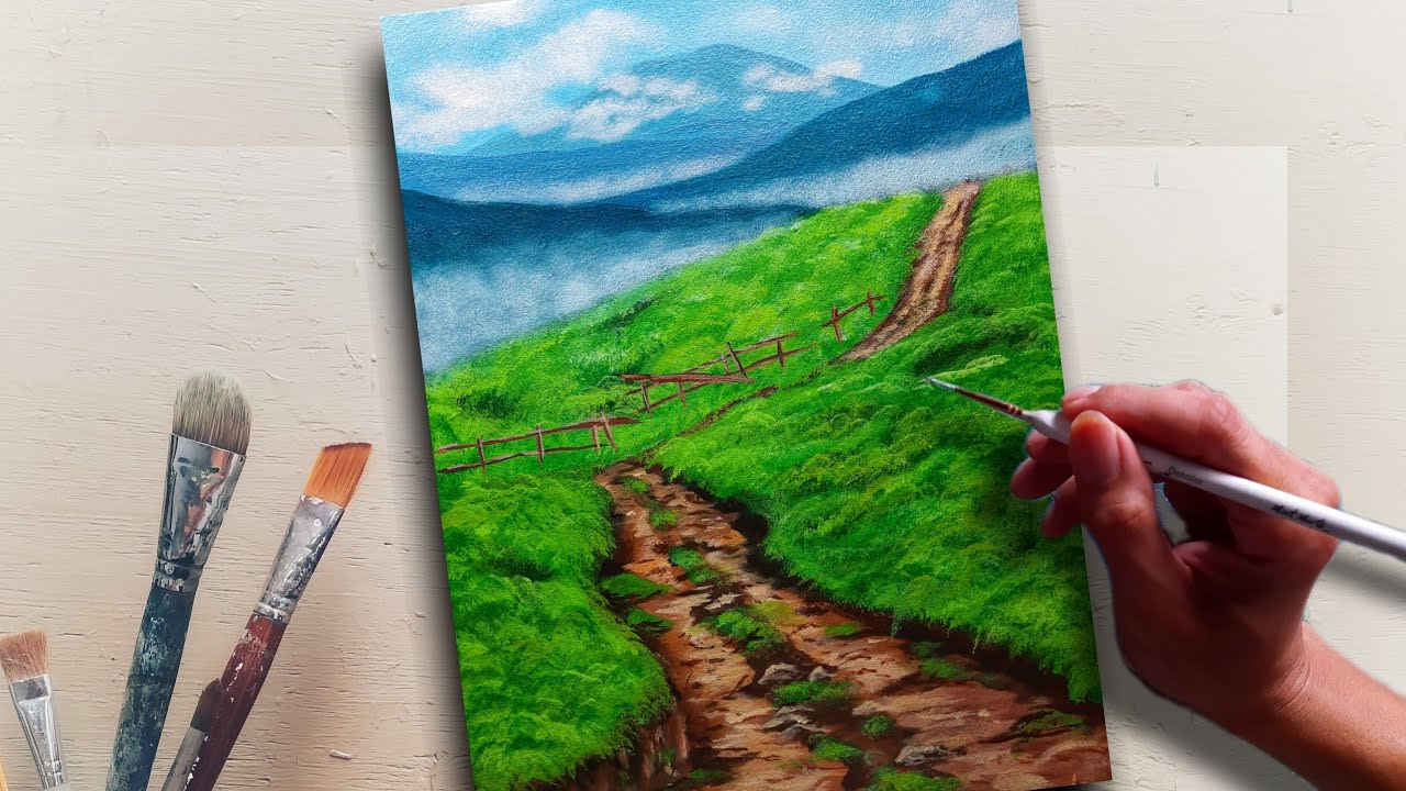 cara melukis pemandangan gunung | landscape painting #caramelukis # ...