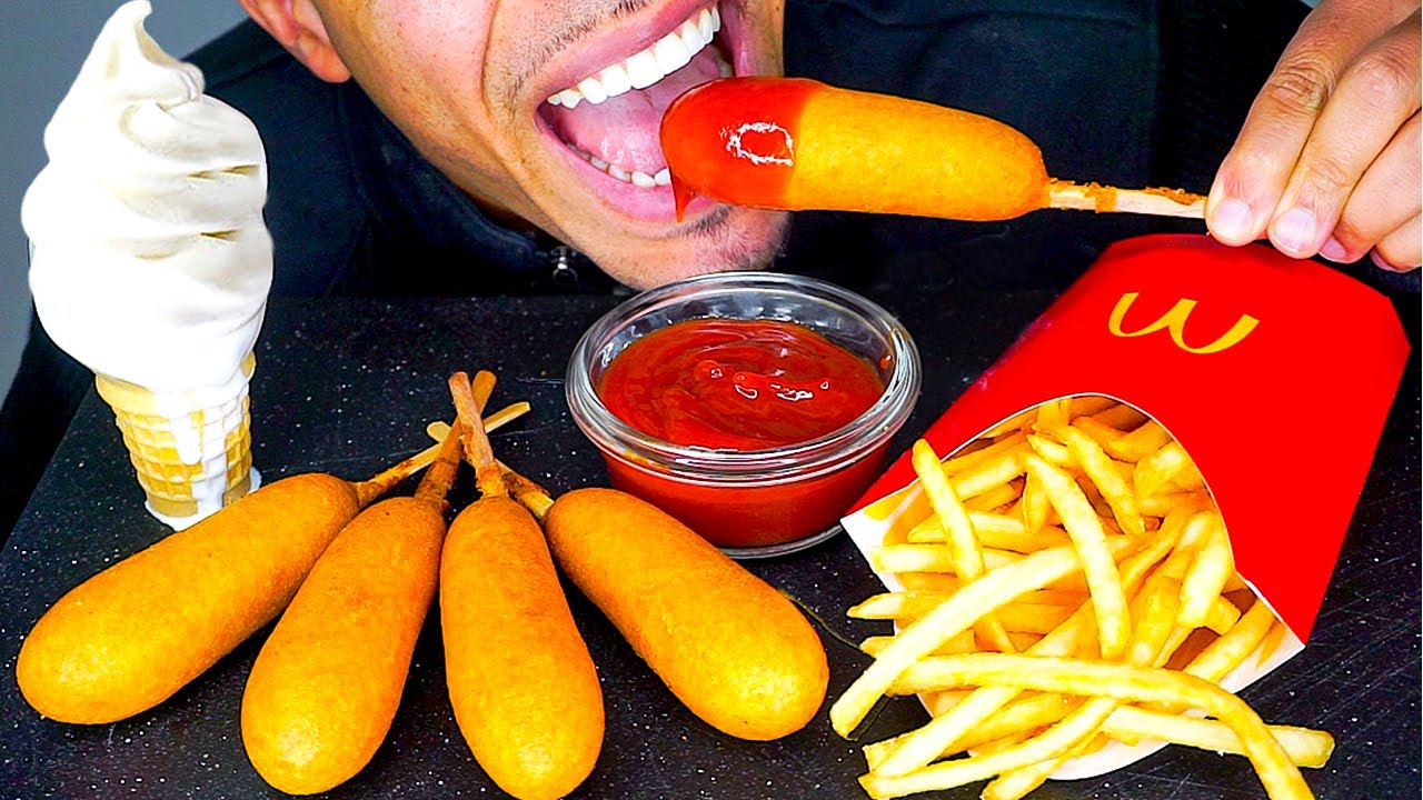 ASMR CRISPY CORN DOGS MCDONALD'S ICE CREAM CONE FRENCH FRIES JERRY ...
