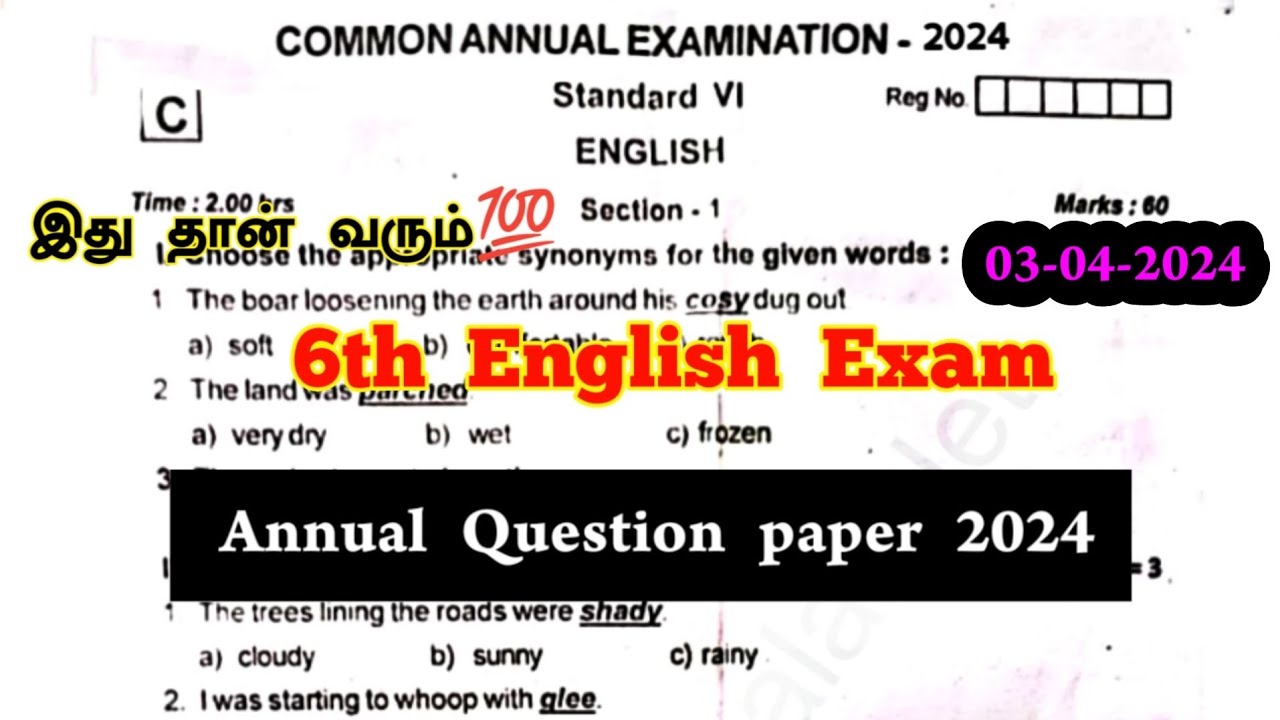 6th English Annual question paper 2024|6th English Annual Exam Question ...