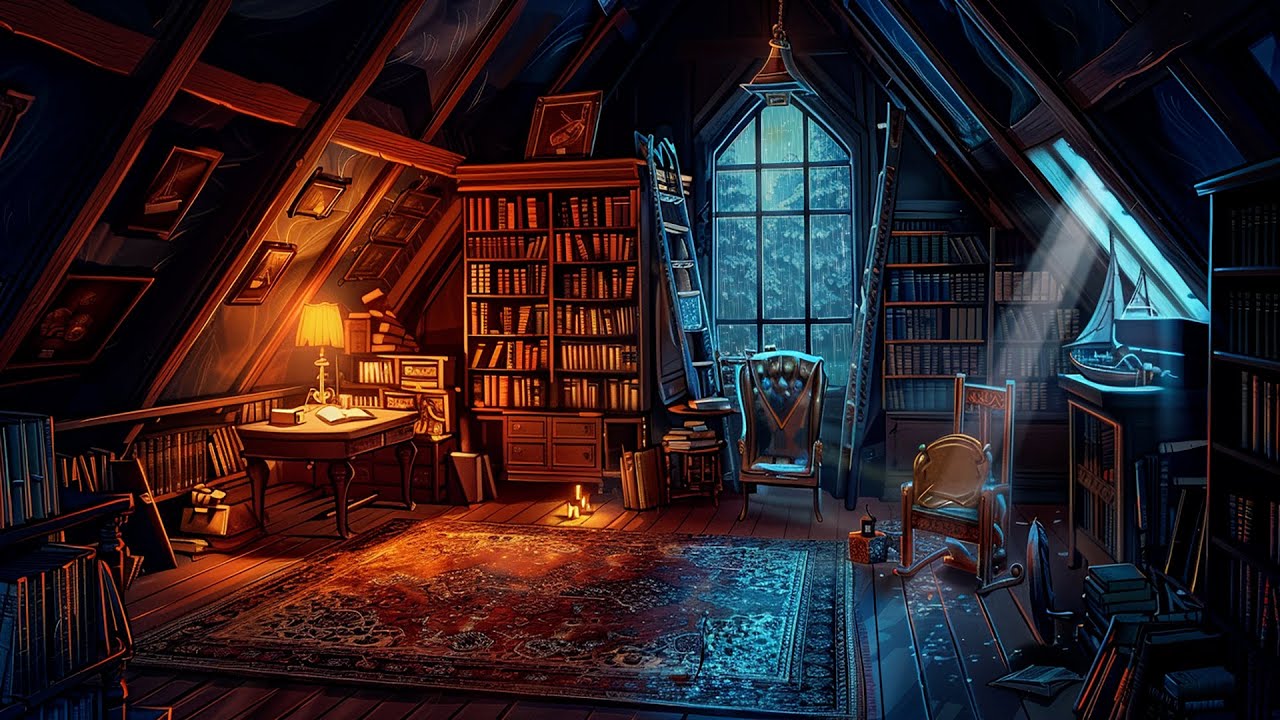 Rainy Day Ambiance In The Attic Library | Relaxing Rainstorm In The ...