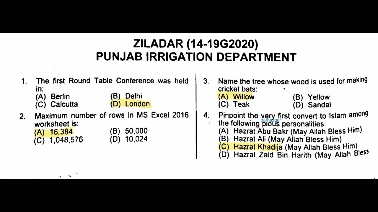 PPSC Ziladar Past Paper Solved Top 50 MCQs | Punjab Irrigation ...