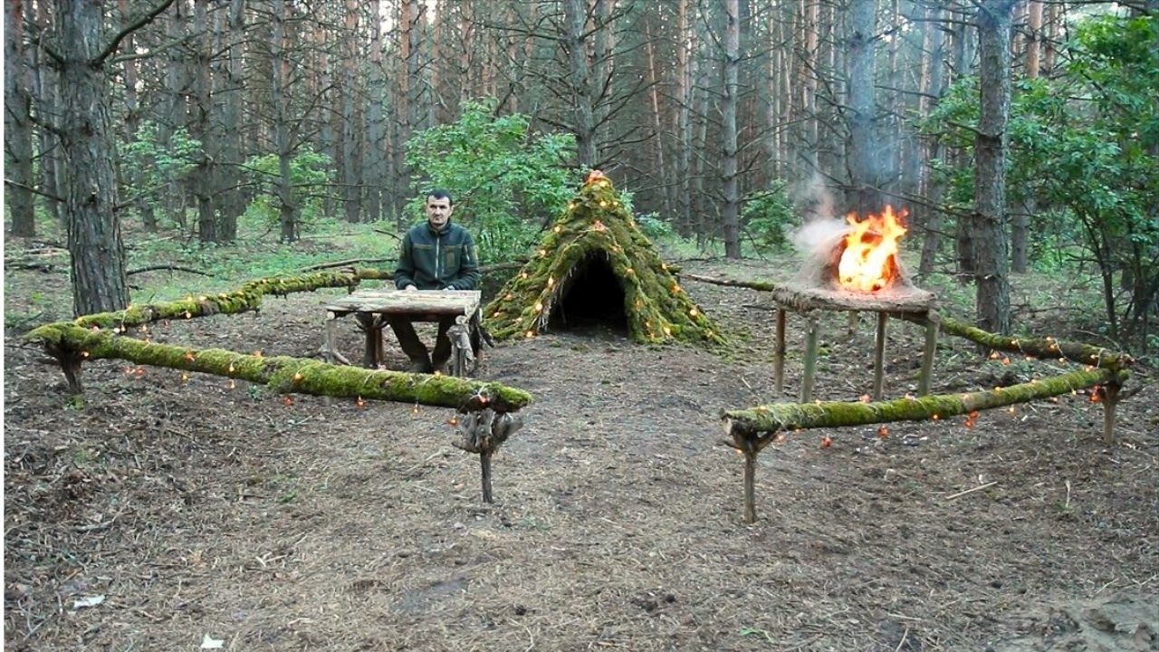 Cozy Bushcraft Camp with String Lights and Homemade Stove - YouTube