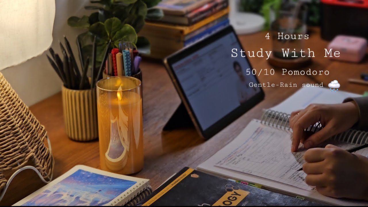 4 -HOUR STUDY WITH ME I Pomodoro 50/10 | Gentle-Rain sounds ⛈️| with bell + time - YouTube