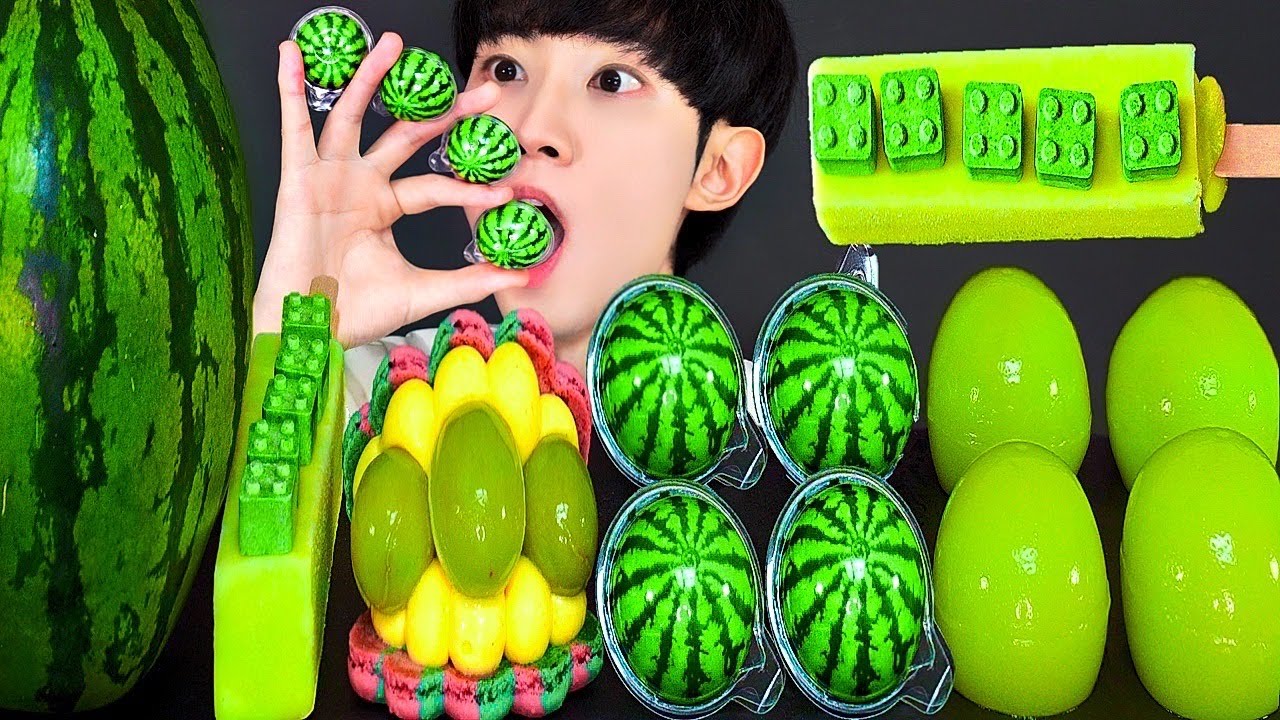 ASMR ICE CREAM GREEN FOOD PARTY 다양한 초록색 음식 수박 젤리 먹방 DESSERTS JELLY ...