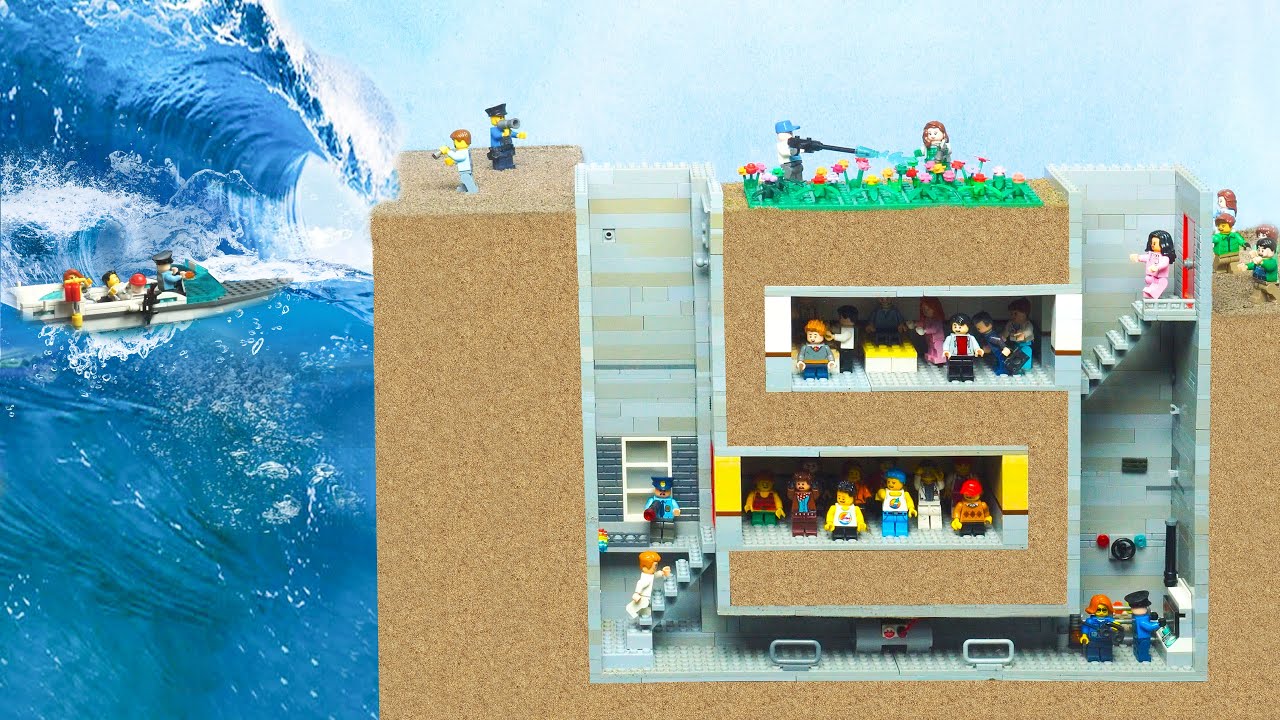 I built a SECRET LEGO survival BASE & Flood It By Wave Machine Tsunami ...