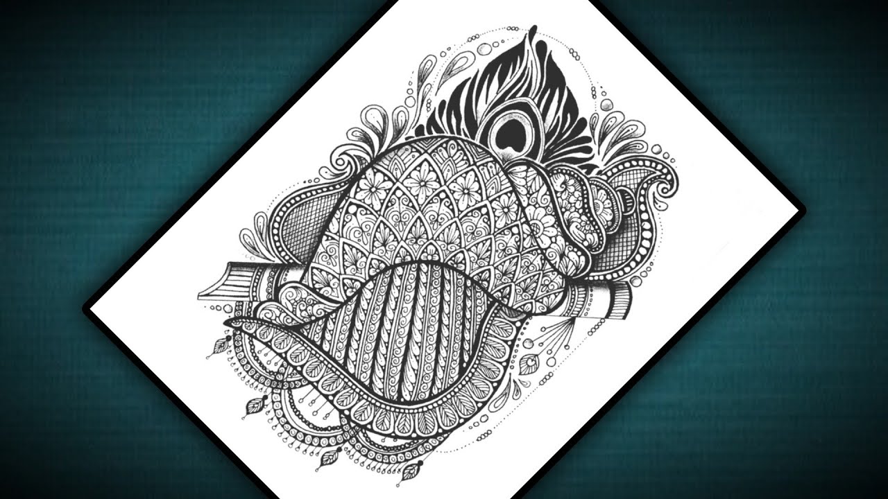 How to draw Conch |Conch shell mandala art| Krishna flute with peacock ...