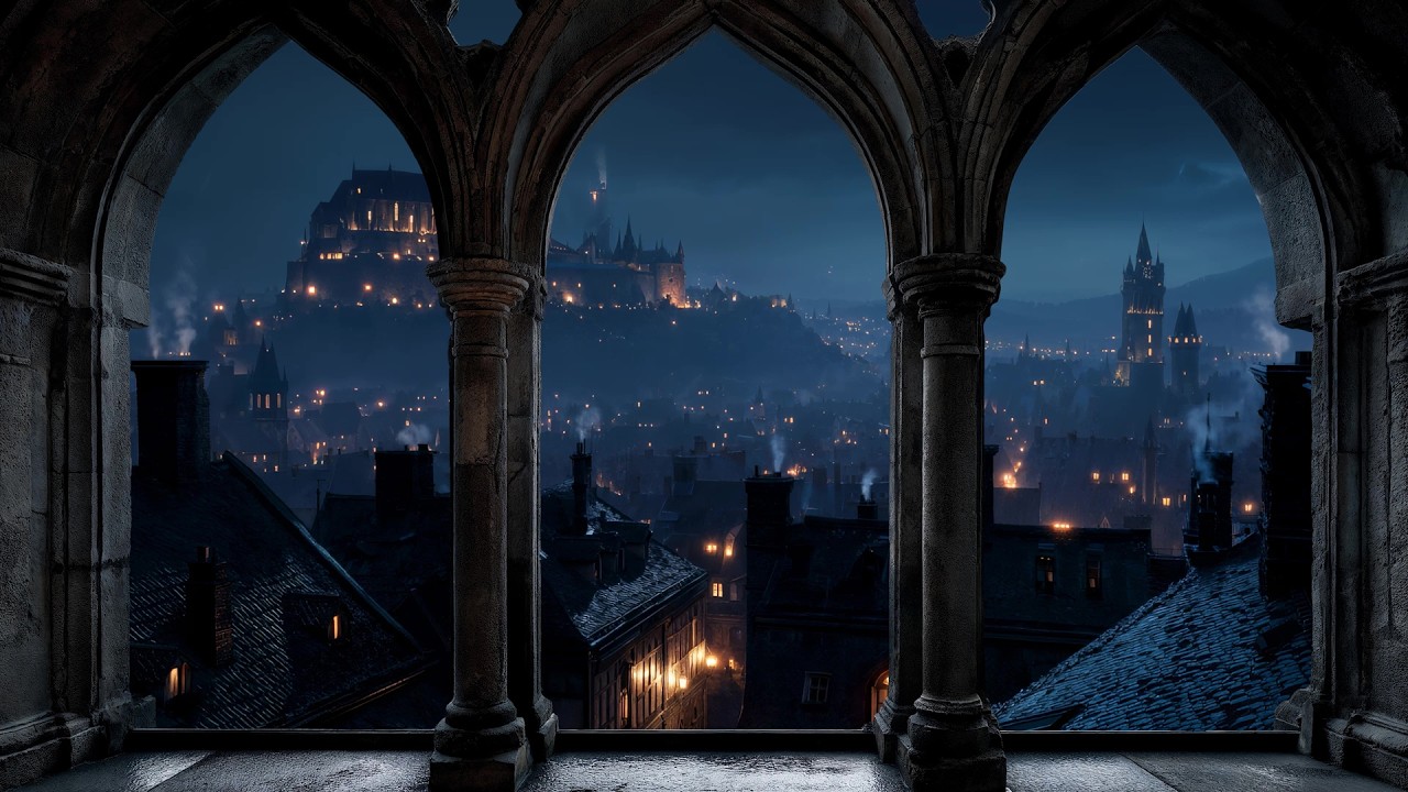 Medieval Night Window | True 4K Projector Ambience | Cozy Castle View ...