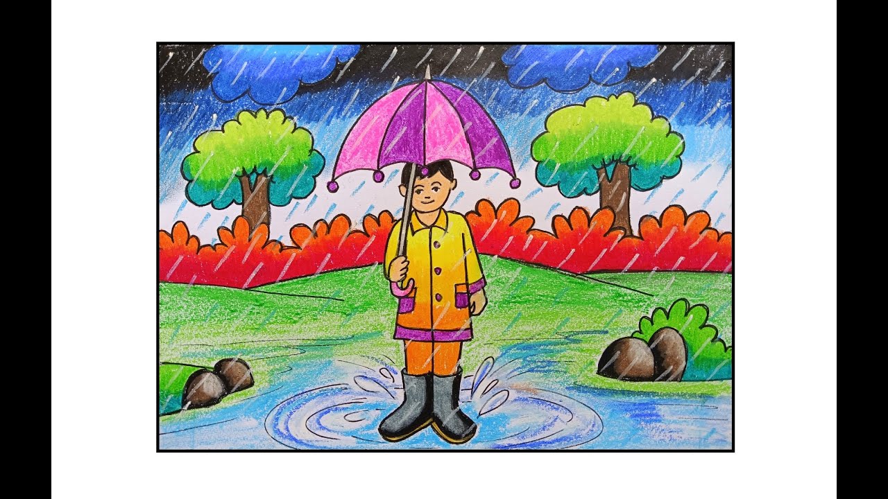HOW TO DRAW RAINY SEASON DRAWING|RAINY DAY DRAWING|RAINY SEASON SCENERY ...