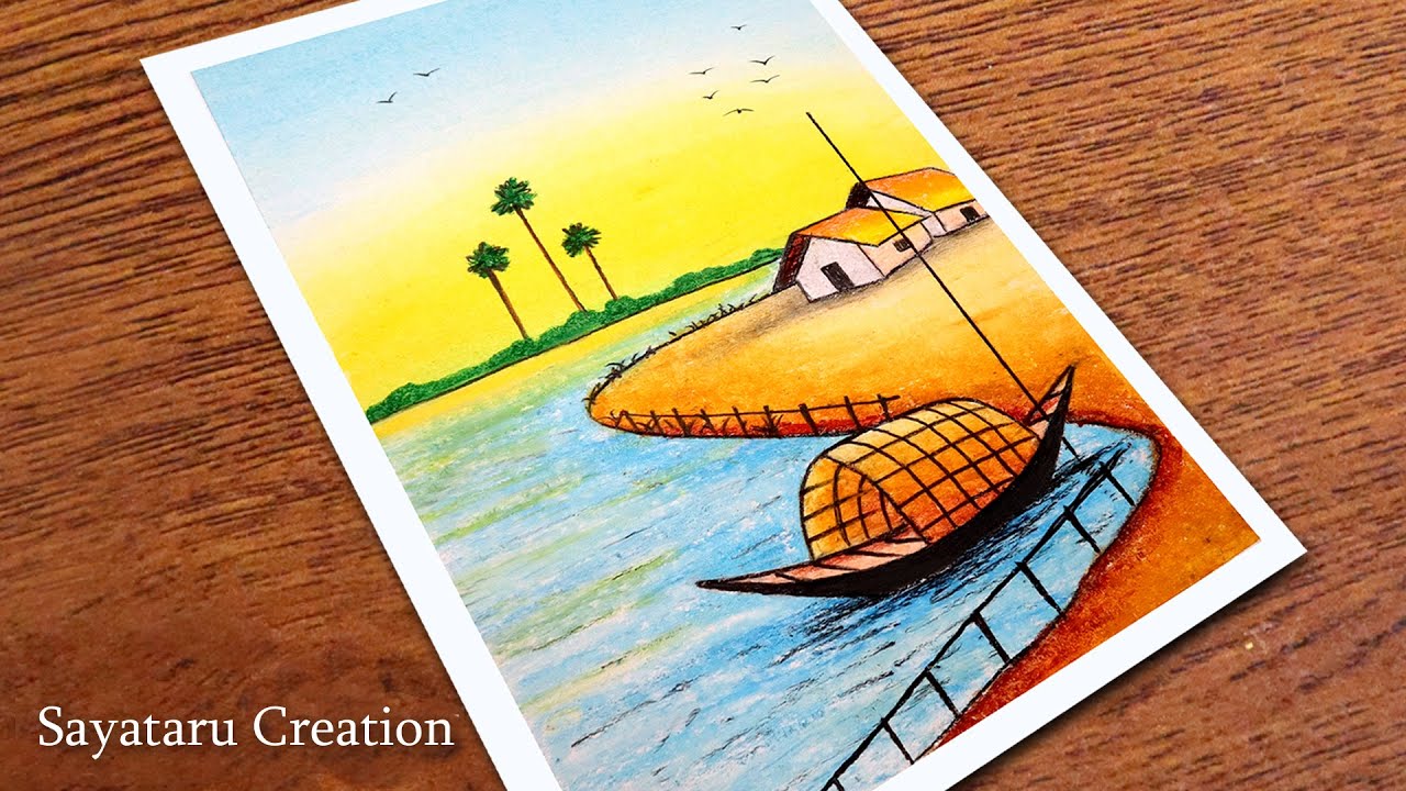 How to draw a Scenery of Boat in River | Riverside Village Drawing with ...