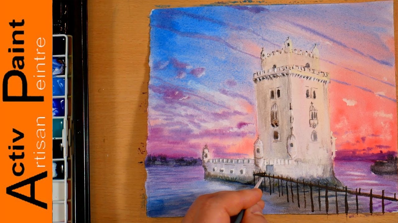 Demo watercolor painting tower of belem lisbon portugal - YouTube