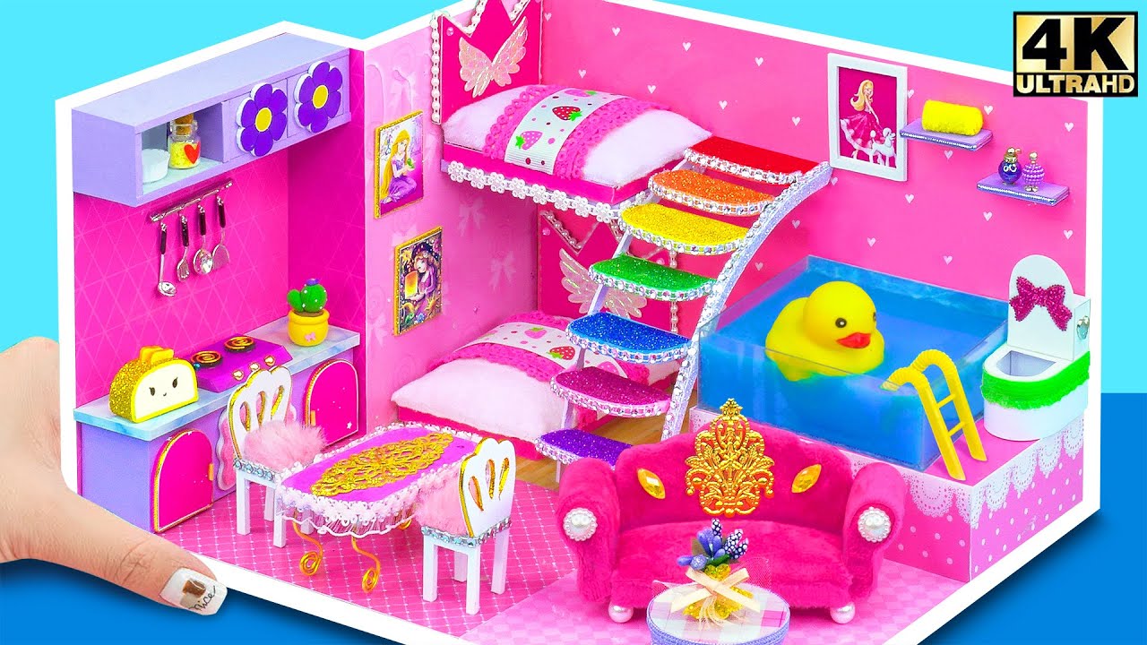 Build Simple Pink Bunk Bed with Swimming Pool in Miniature House | DIY ...