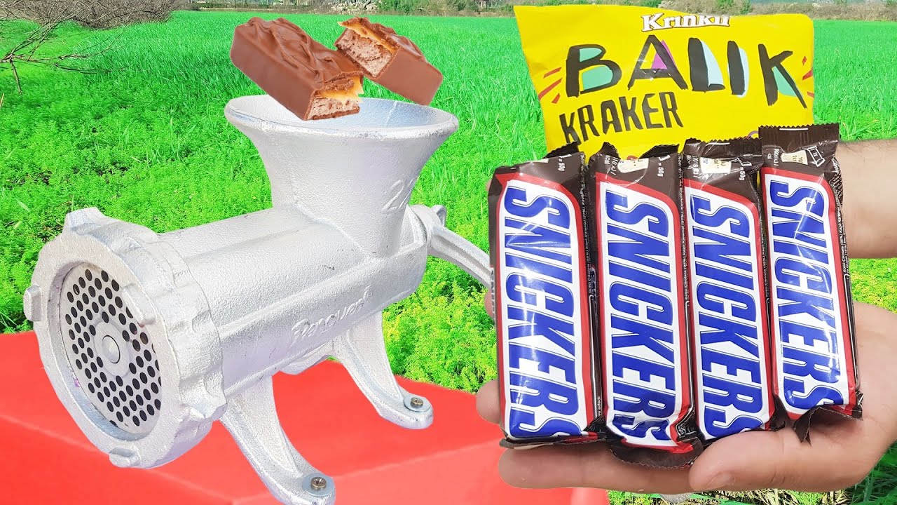 EXPERIMENT SNICKERS FISH CRAKER VS MEAT GRINDER - YouTube