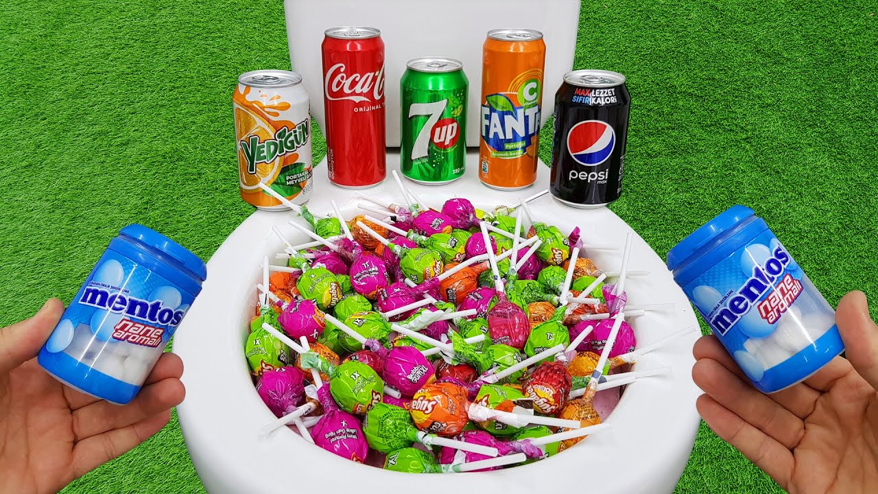 Experiment !! LOLLIPOP vs Coca Cola, Seven 7 UP, Fanta, Pepsi Max ...