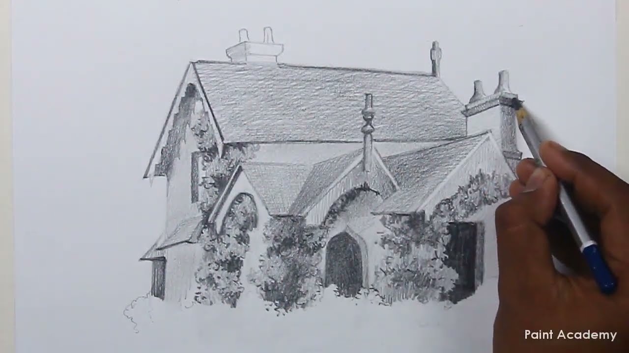 How to Draw & Shade A Beautiful House in Pencil | step by step - YouTube