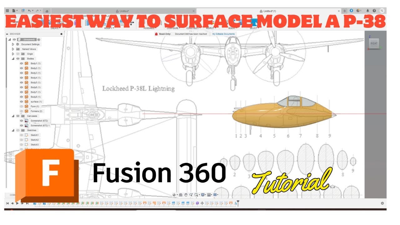 Easiest way to surface model a P-38 lighting airplane in CAD Fusion 360 ...