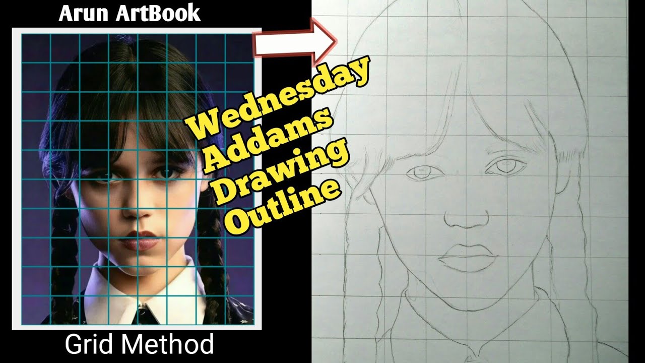 Drawing Wednesday Addams / Step by step Outline Tutorial / Grid drawing ...