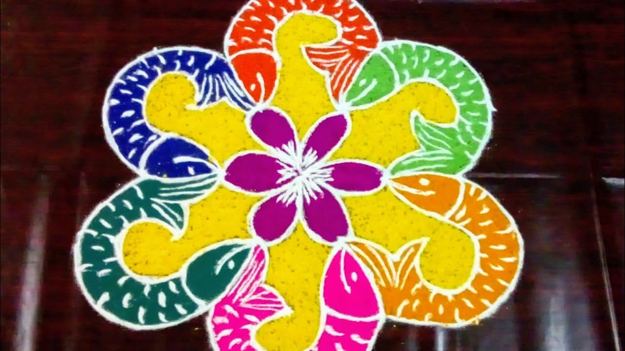 Beautiful fish kolam with attractive colours 5*3 dots/மீன் கோலம் 5 ...
