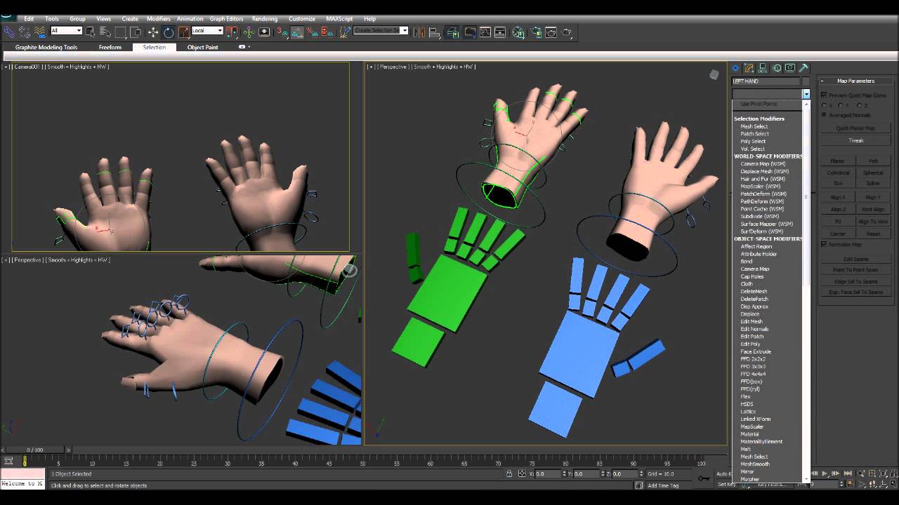 3DS Max Hand Master -2- Skin Unwarp UVW Bones Controllers constraints ...