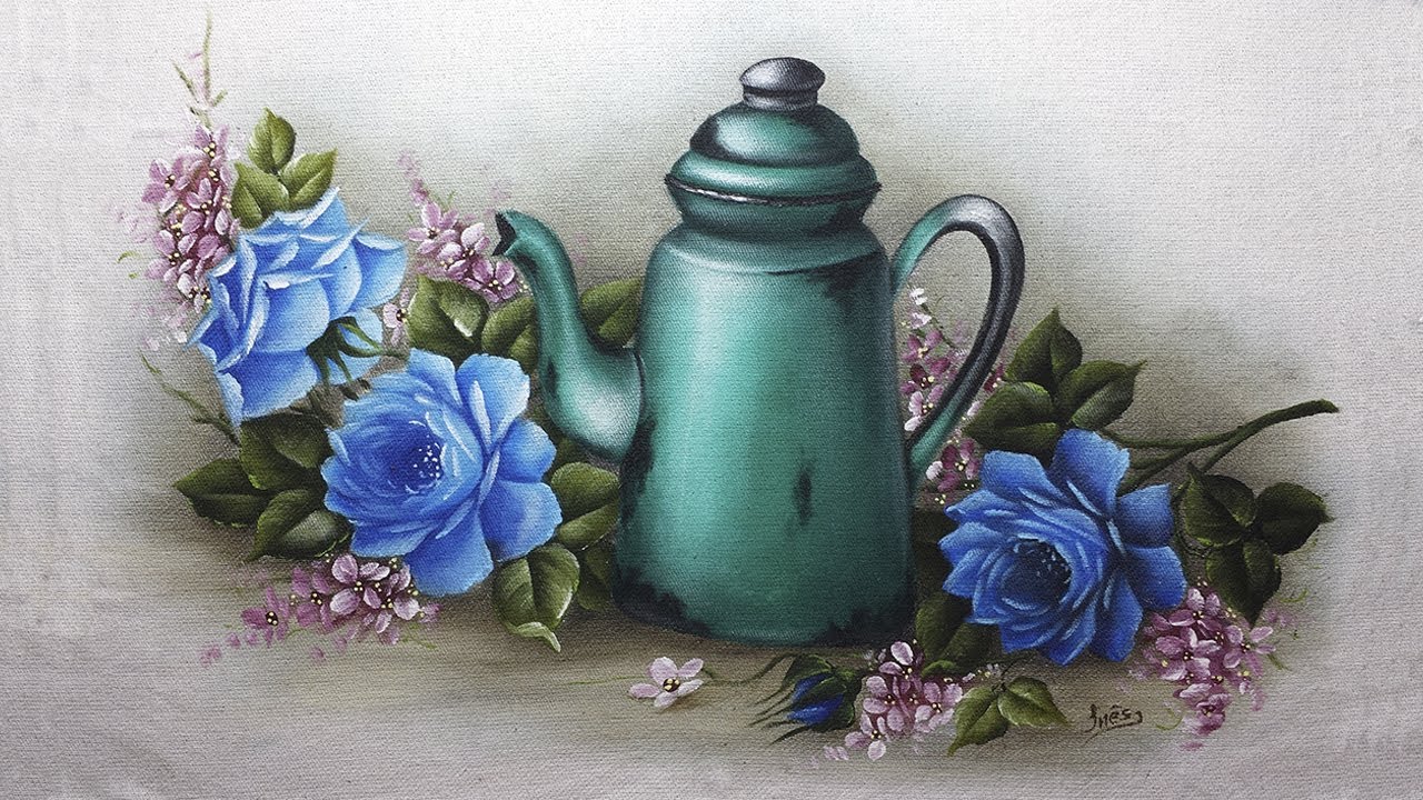 Como Pintar Bule Esmaltado com Rosas Azul - Part 1 - YouTube